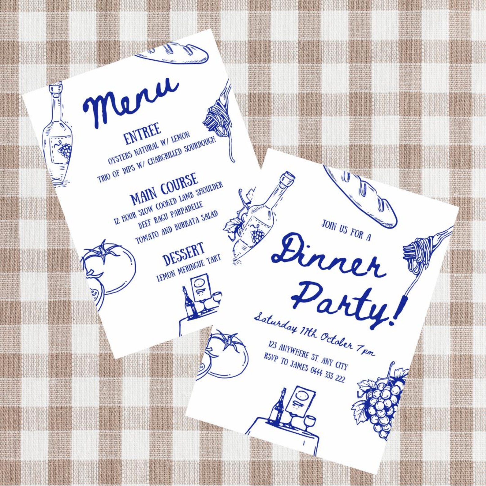 Dinner Party Invitation Menu Template - Editable Illustrated Invitation ...