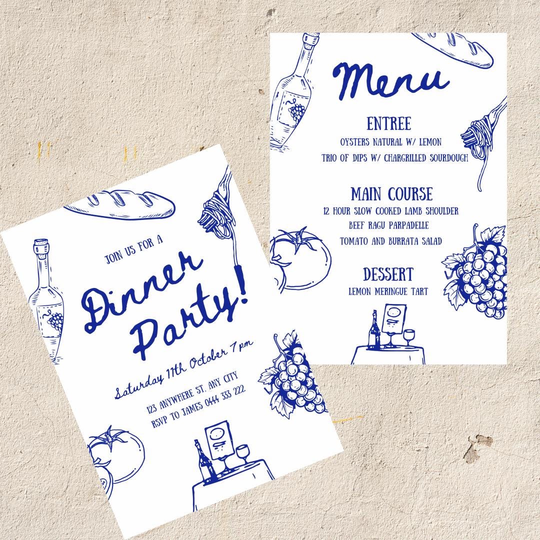 Dinner Party Invitation Menu Template - Editable Illustrated Invitation ...