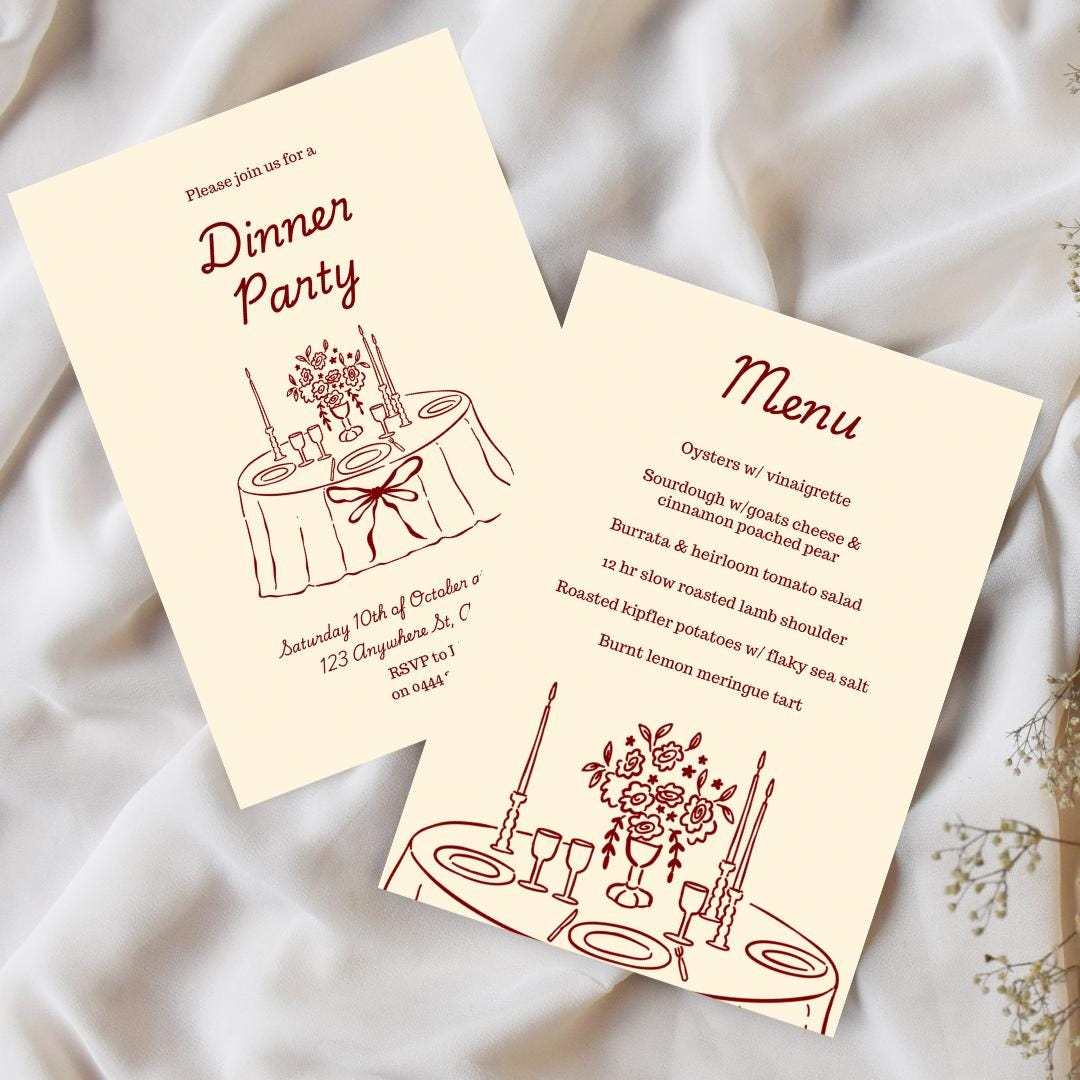 Dinner Party Invitation and Menu Template, Matching Stationary Set ...