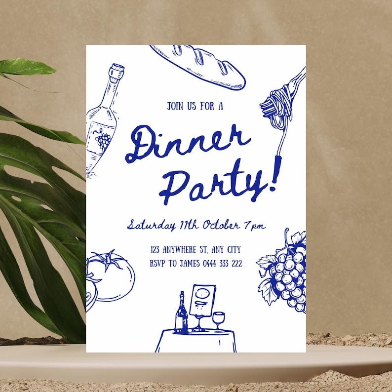 Dinner Party Invitation Menu Template - Editable Illustrated Invitation ...