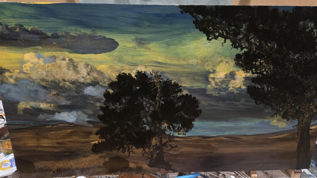 Piñon Couple -- Original Framed Landscape Oil on Board -- Moody Clouds ...