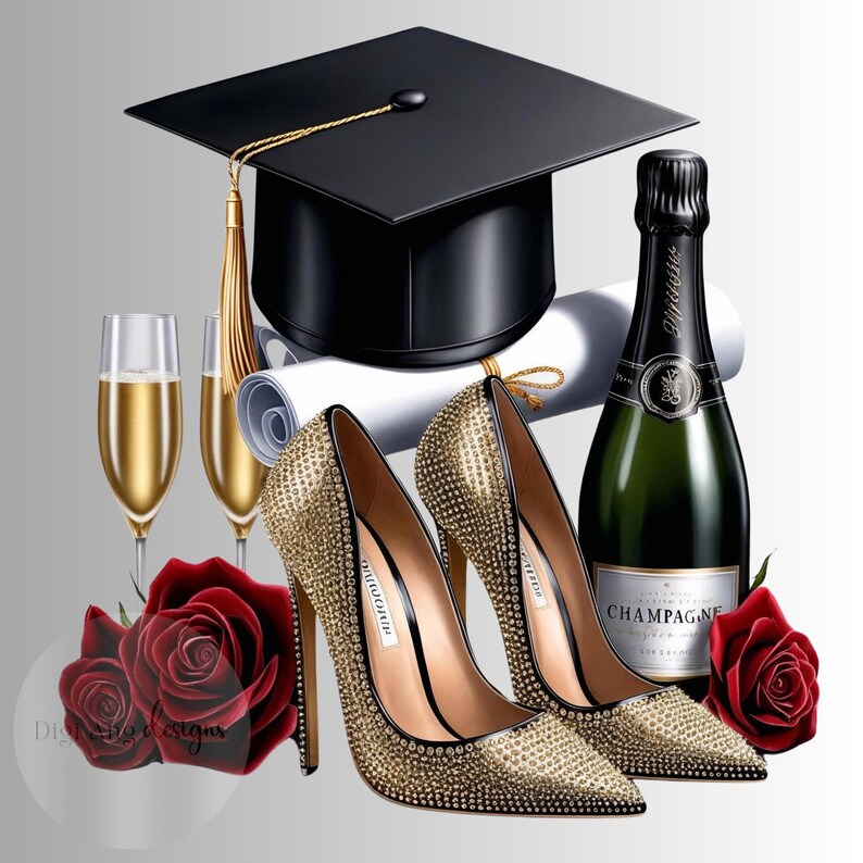 Graduation, Diploma, Gold Heels, Roses Sublimation PNG Clipart, Gold ...