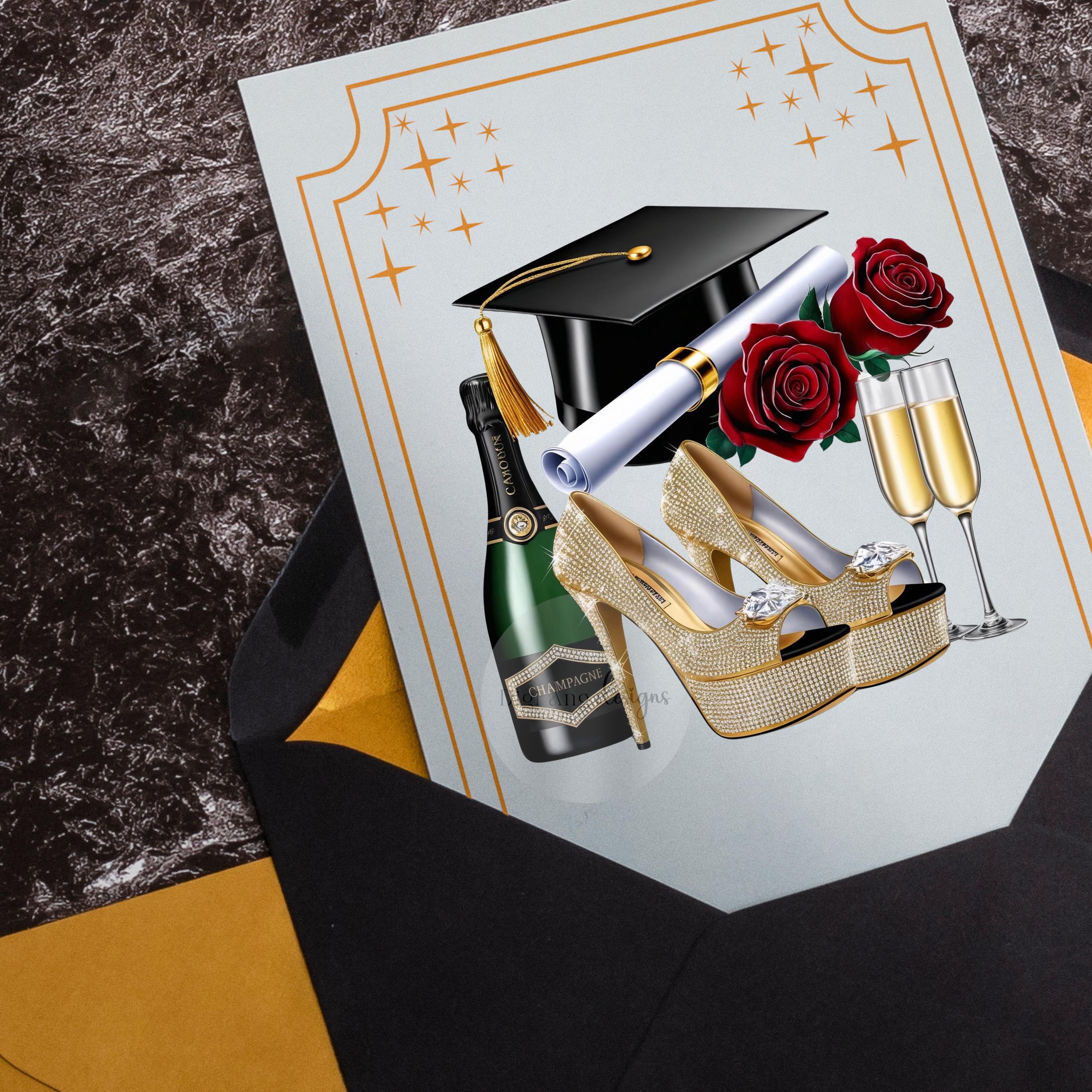 Graduation, Diploma, Gold Heels, Roses Sublimation PNG Clipart, Gold ...