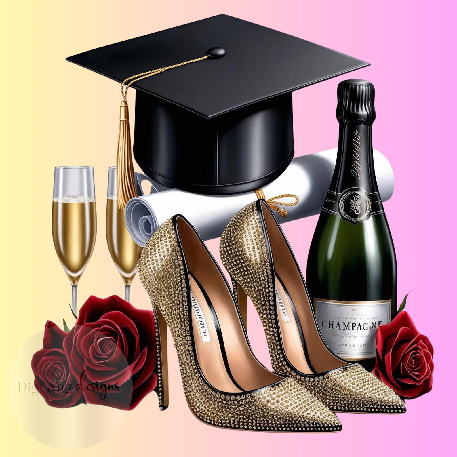 Graduation, Diploma, Gold Heels, Roses Sublimation PNG Clipart, Gold ...