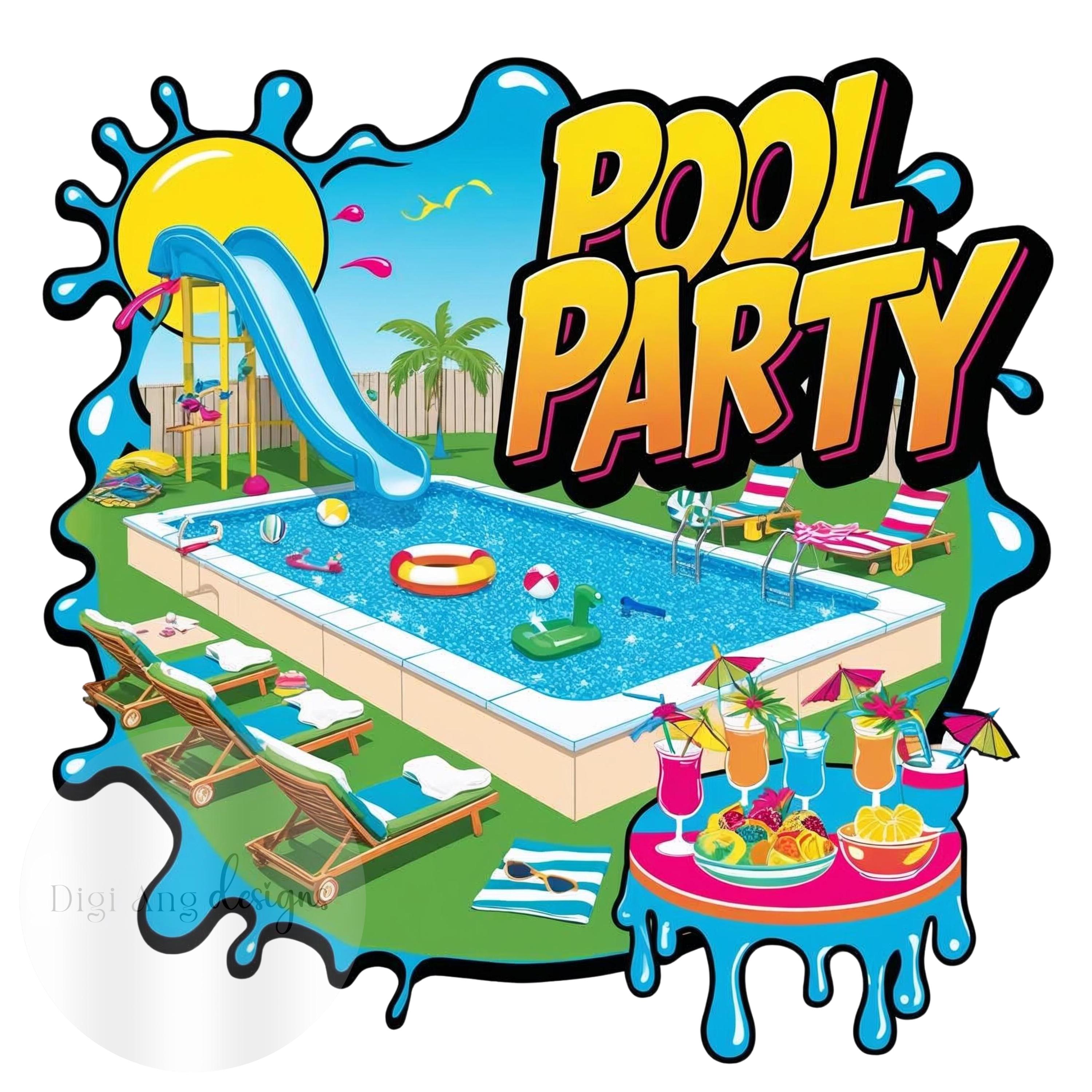 Summer Backyard Pool Party PNG Watercolor Sublimation Clipart, Fiesta ...