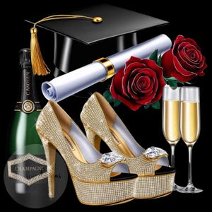 Graduation, Diploma, Gold Heels, Roses Sublimation PNG Clipart, Gold ...