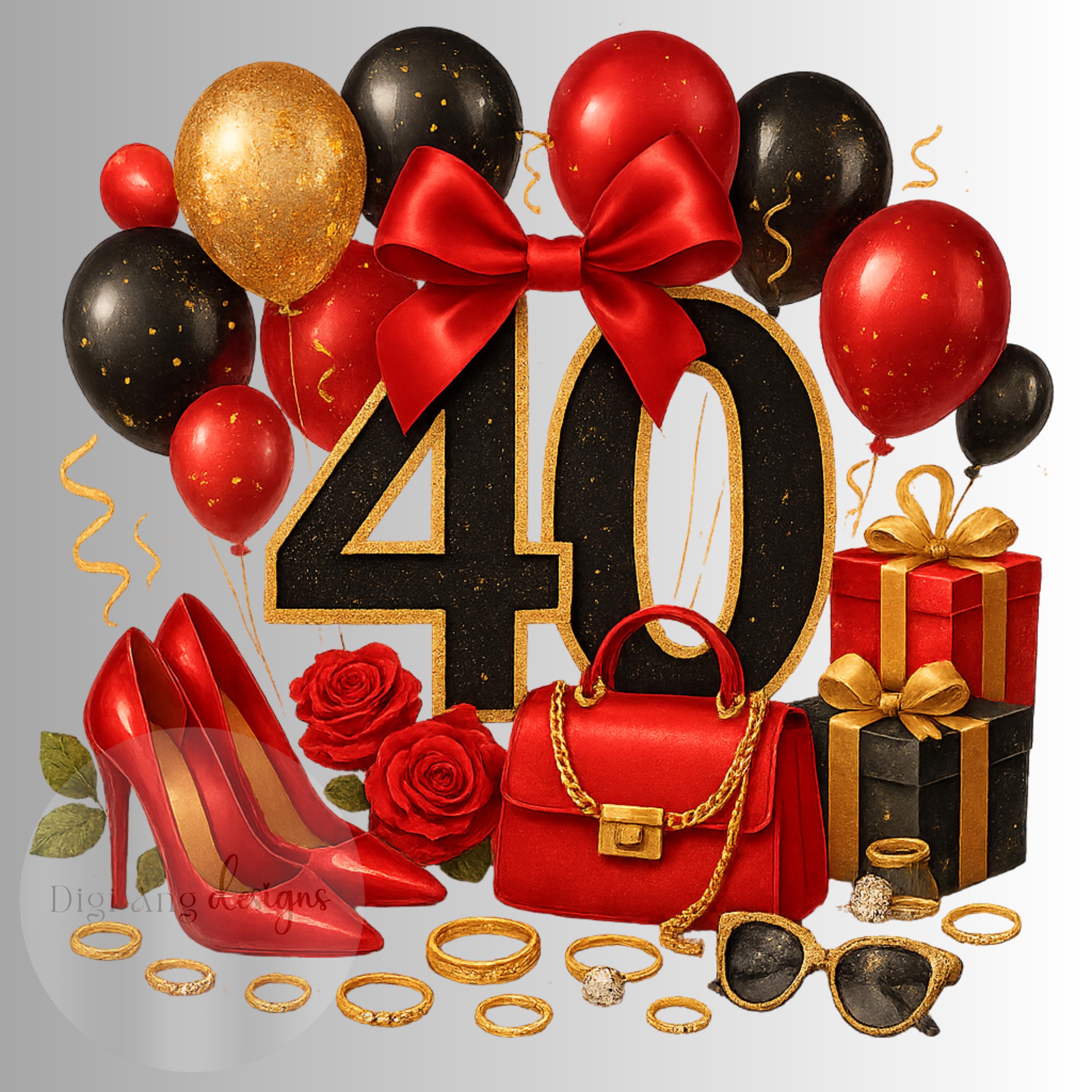 40th Birthday Balloons Watercolor PNG Design (digital Download) - Etsy