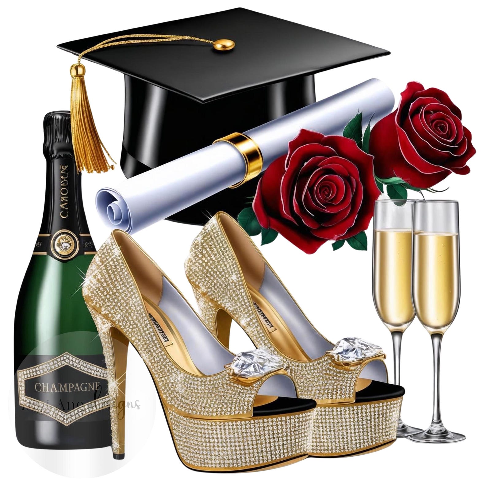 Graduation, Diploma, Gold Heels, Roses Sublimation PNG Clipart, Gold ...