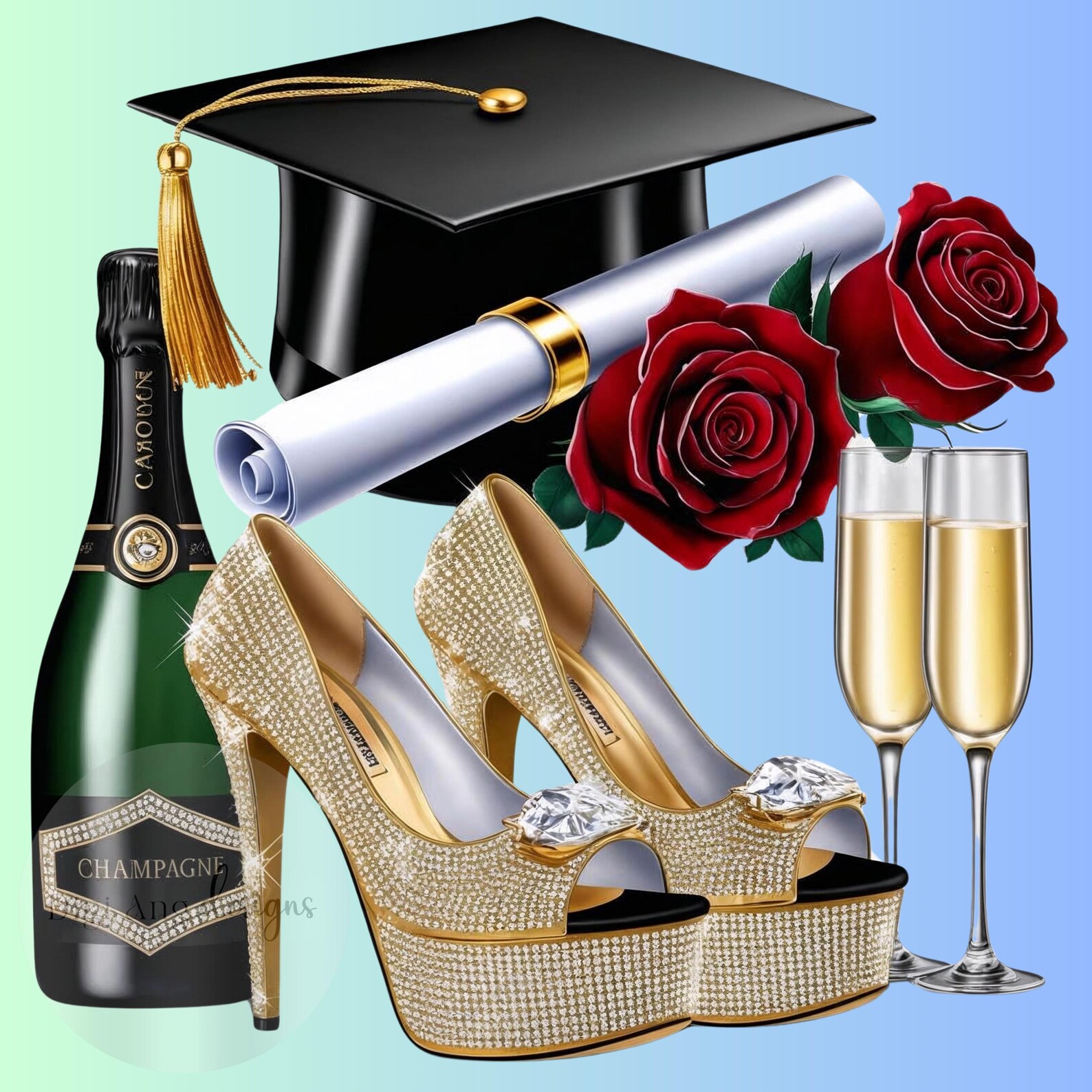 Graduation, Diploma, Gold Heels, Roses Sublimation PNG Clipart, Gold ...