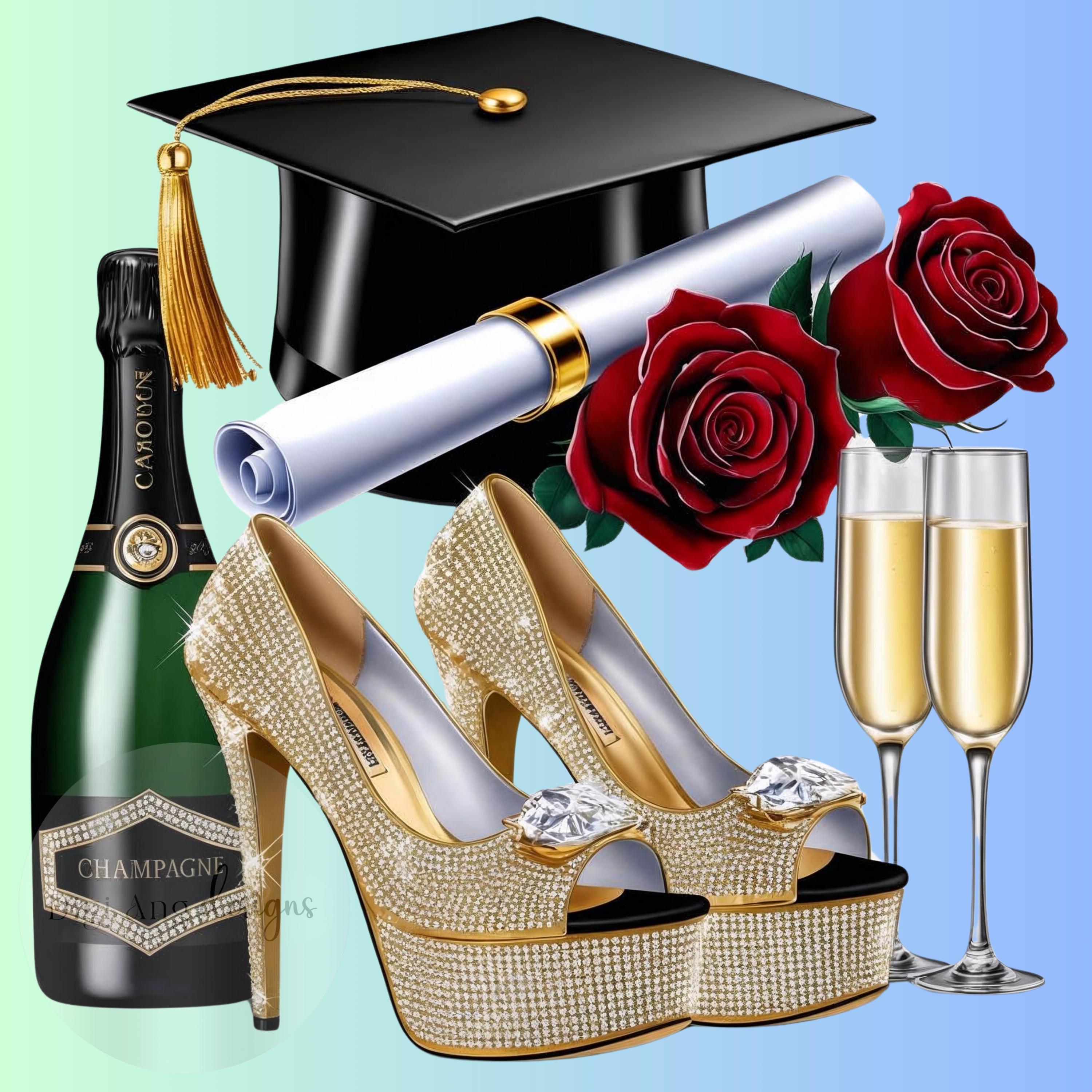 Graduation, Diploma, Gold Heels, Roses Sublimation PNG Clipart, Gold ...