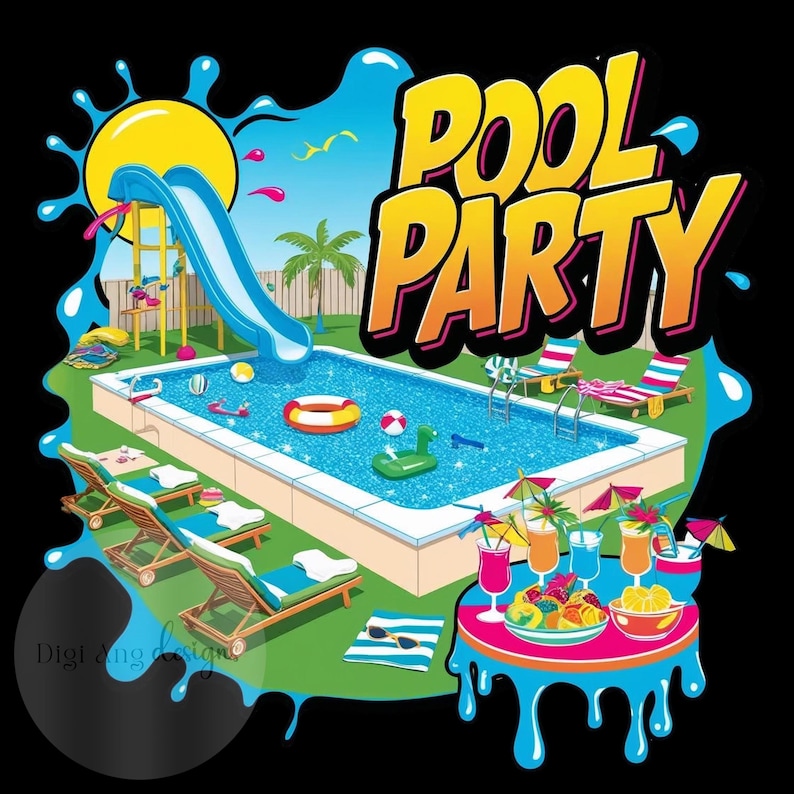 Summer Backyard Pool Party PNG Watercolor Sublimation Clipart, Fiesta ...