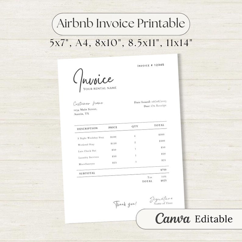 Editable Airbnb Invoice Template, Short Term Rental Invoice Template ...