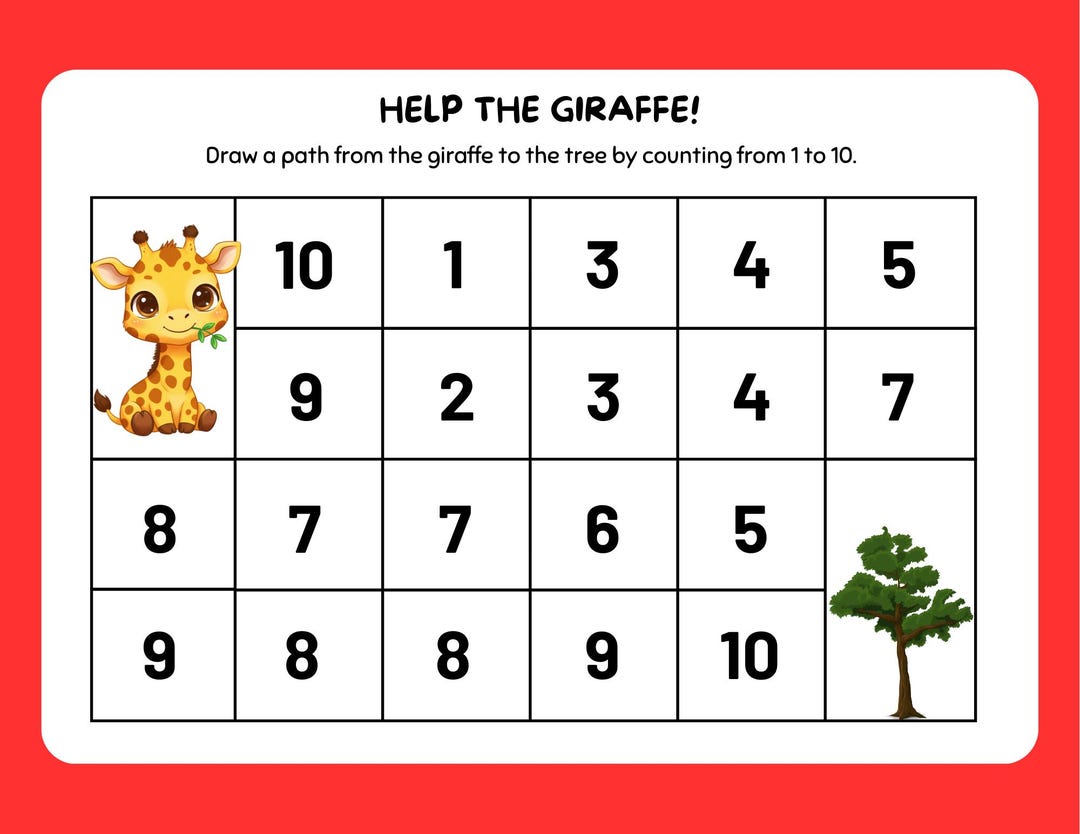 Giraffe Number Maze Worksheet - Etsy