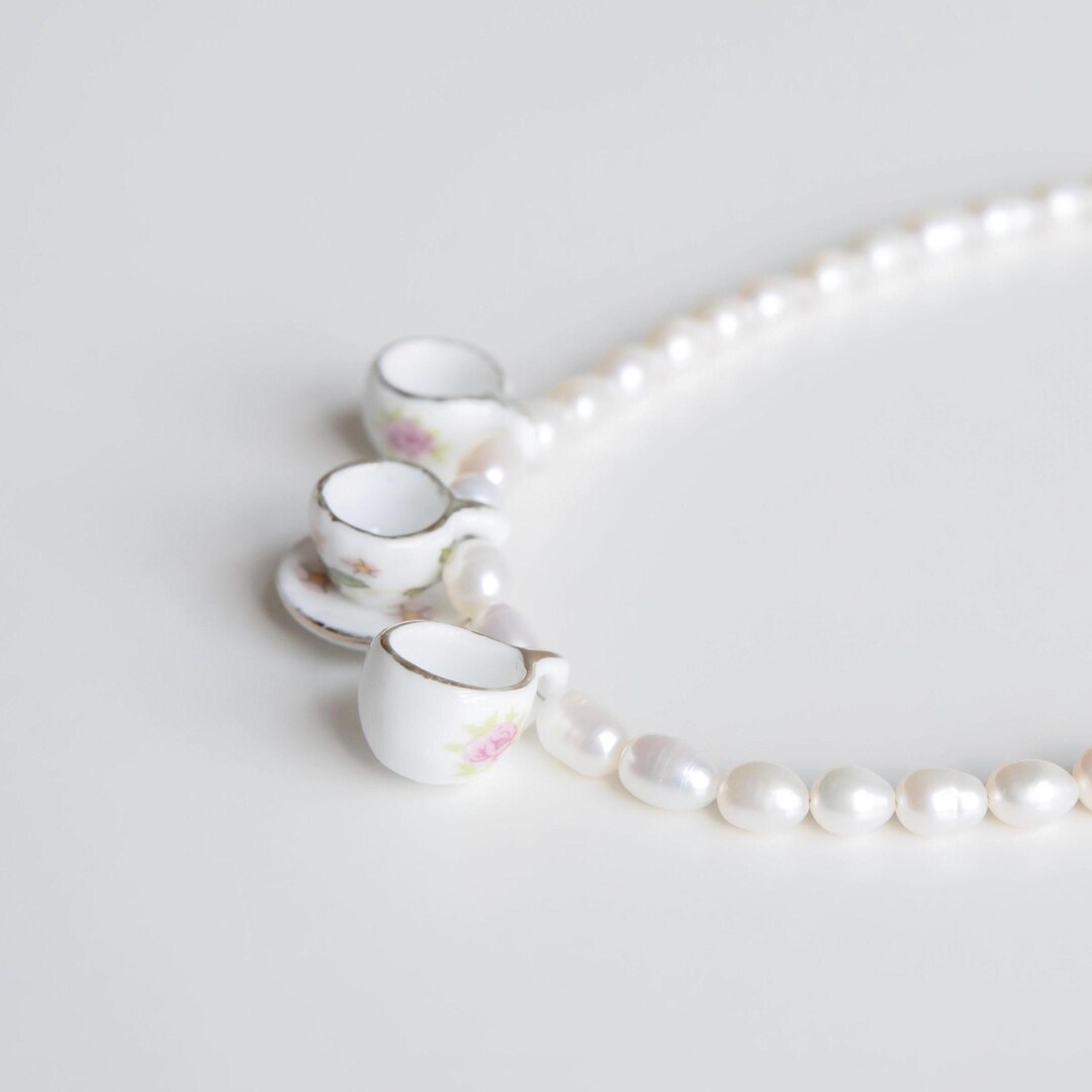 Spill the Tea - Porcelain Tea Cups and Freshwater Pearl Necklace - Etsy
