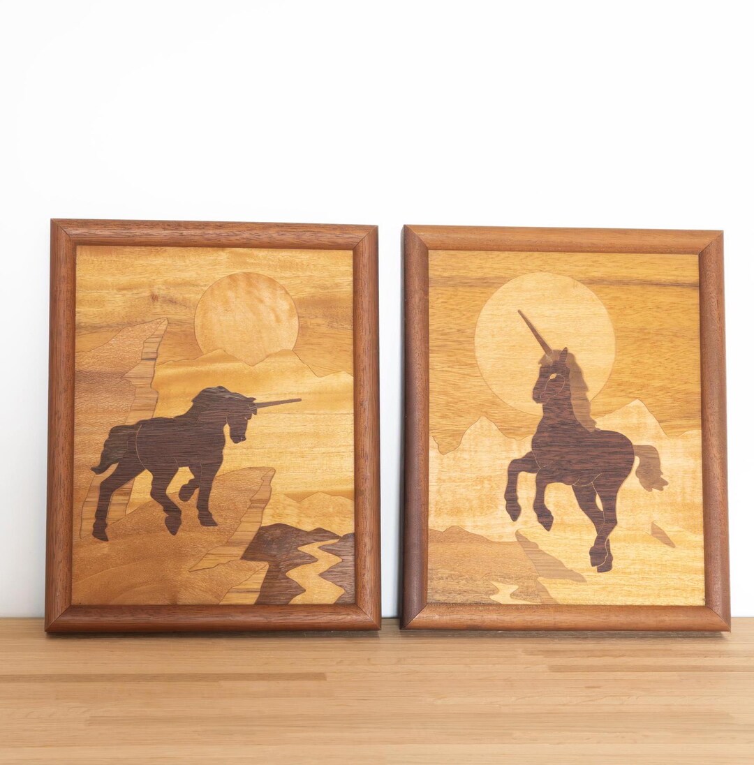 1970s Vintage Pair of Wooden Unicorn Art Framed Inlay Marquetry - Etsy