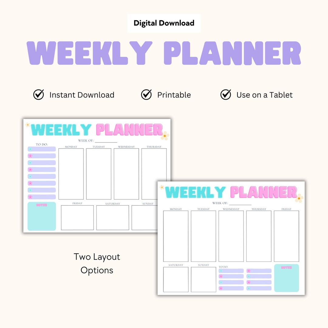 Weekly Planner, Aesthetic Weekly Planner, Horizontal Weekly Planner ...