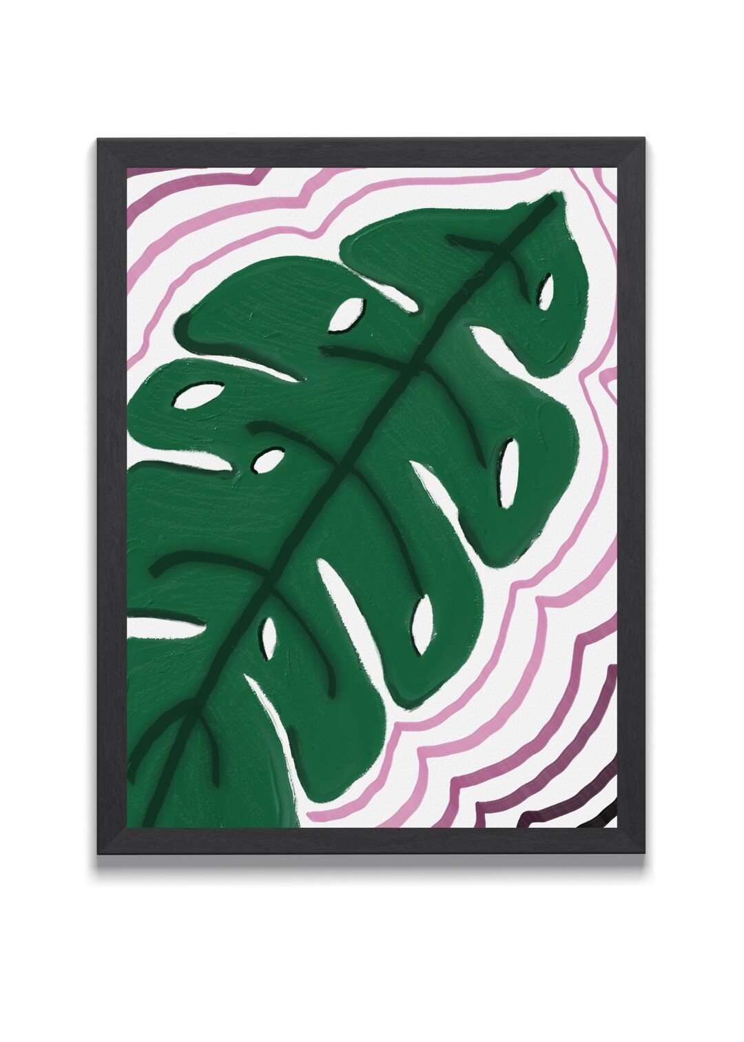 Hand Drawn Leaf Print, Green and Pink Print, Nature Print, Leaf Drawing ...