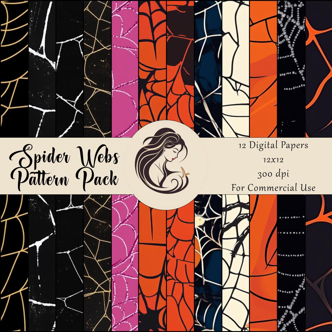Spider Webs #2 Themed, 12 Seamless Patterns Pack- Commercial Use With ...