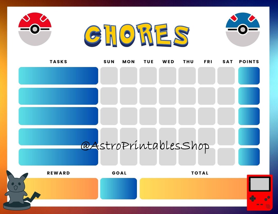 Pocket Monster Chore Chart- Astroprintablesshop - Etsy