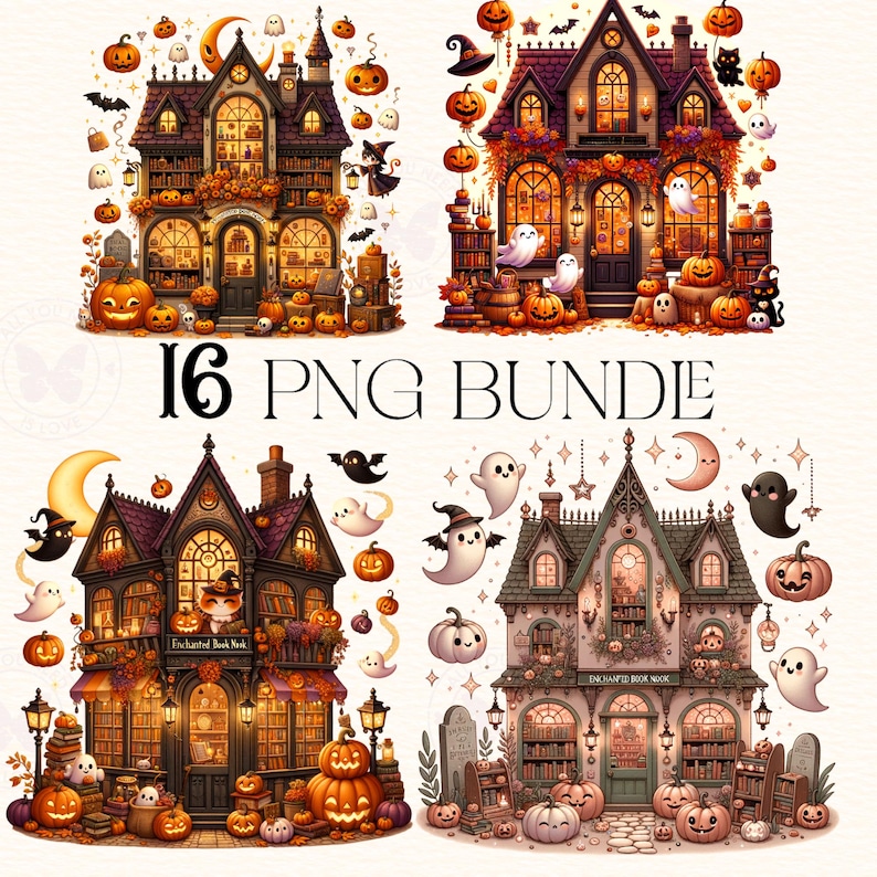 Halloween Bookstore Ghosts PNG, Cozy Library Clipart (digital Download ...
