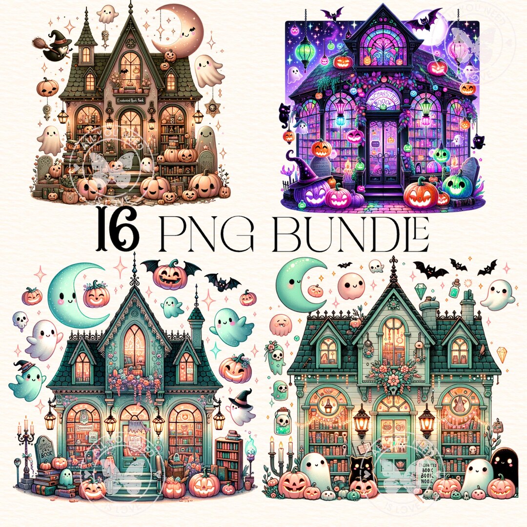 Halloween Bookstore Ghosts PNG, Cozy Library Clipart (digital Download ...