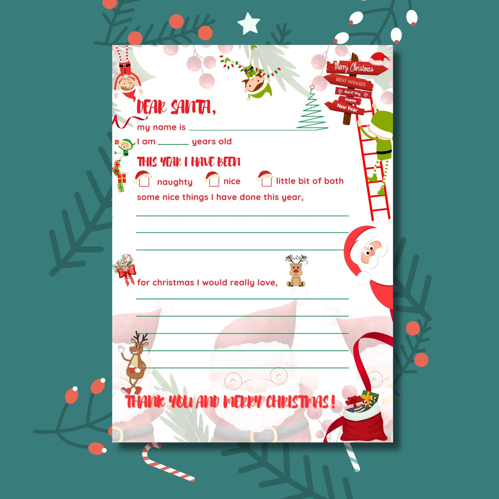 Santa Letter Printable: Kids Christmas Wish List Template (PDF Download ...