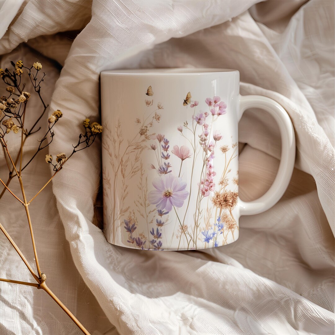 Pressed Flowers Mug, Boho Wildflowers Cottagecore Coffee Mug, Flower ...