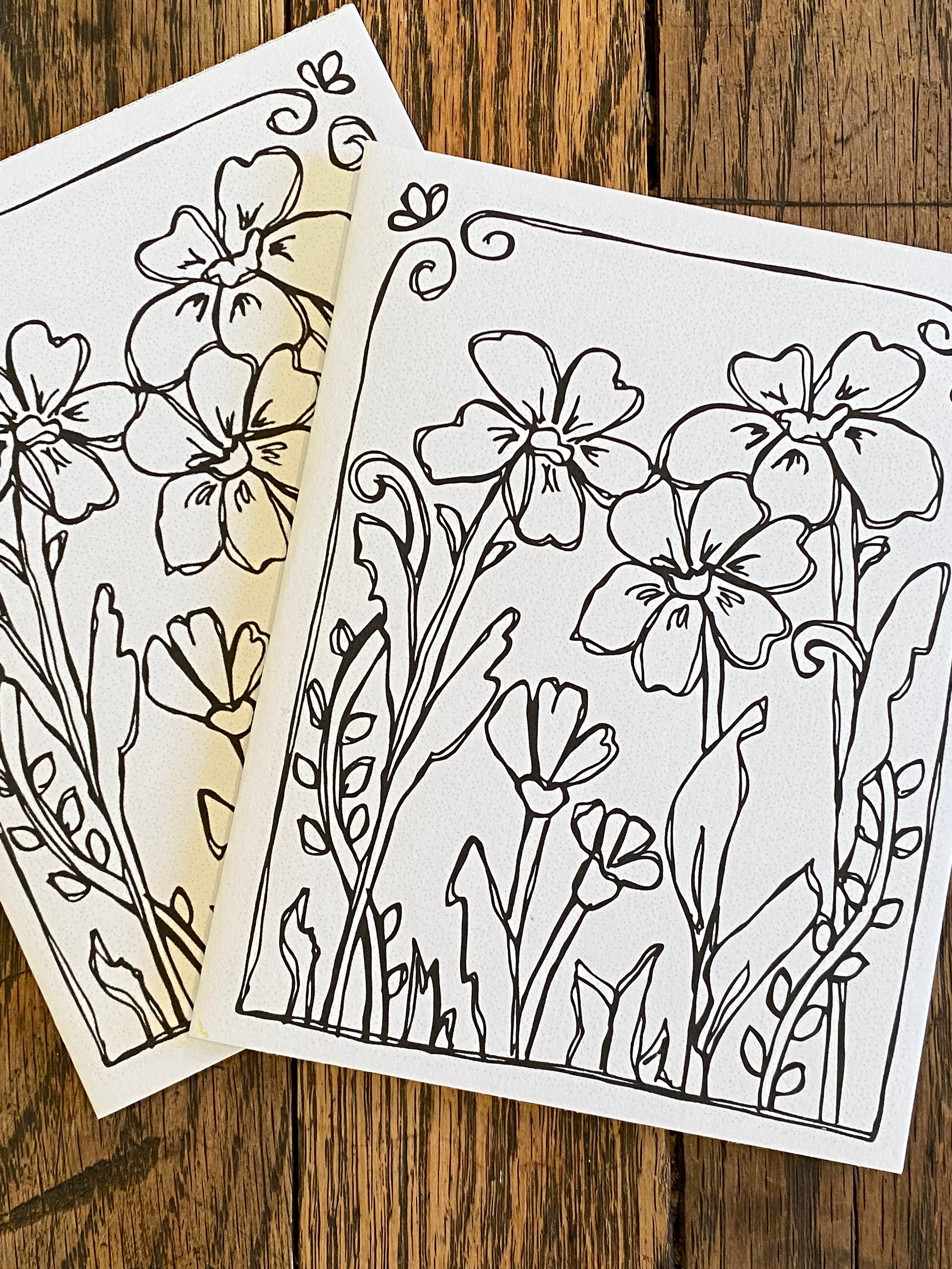 Flower Garden Greeting Cards to Color and Coloring Page, Digital ...
