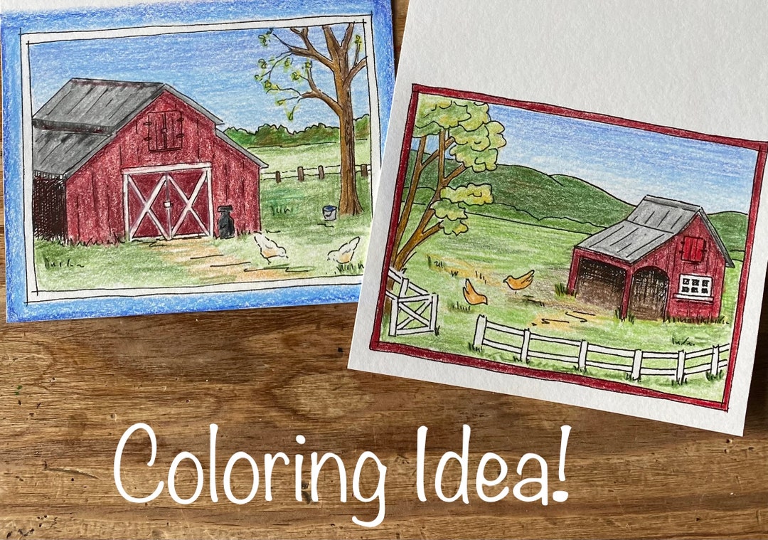 Barns and Chickens, Cards With Country Scenes to Color , Digital ...
