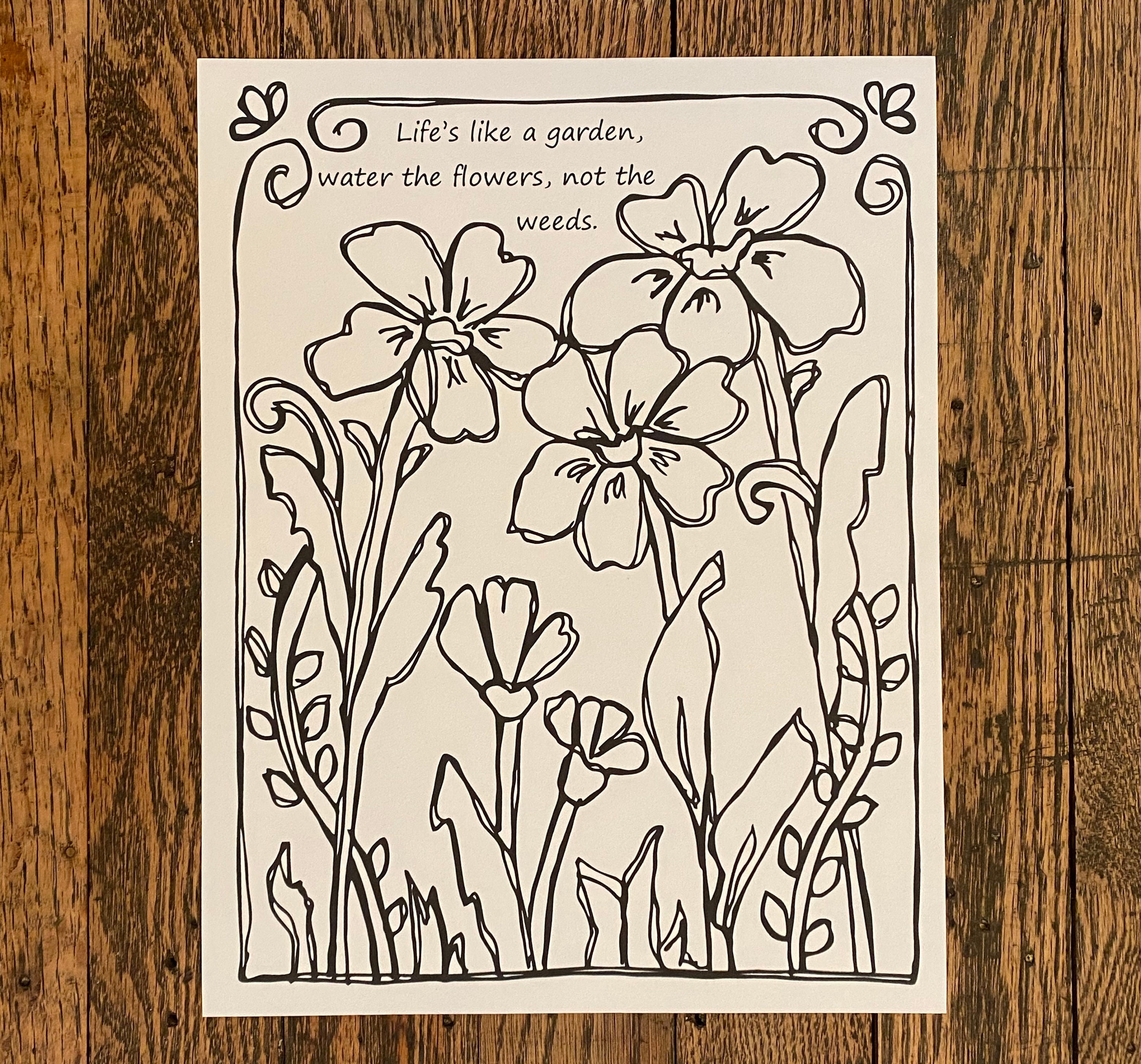 Flower Garden Greeting Cards to Color and Coloring Page, Digital ...