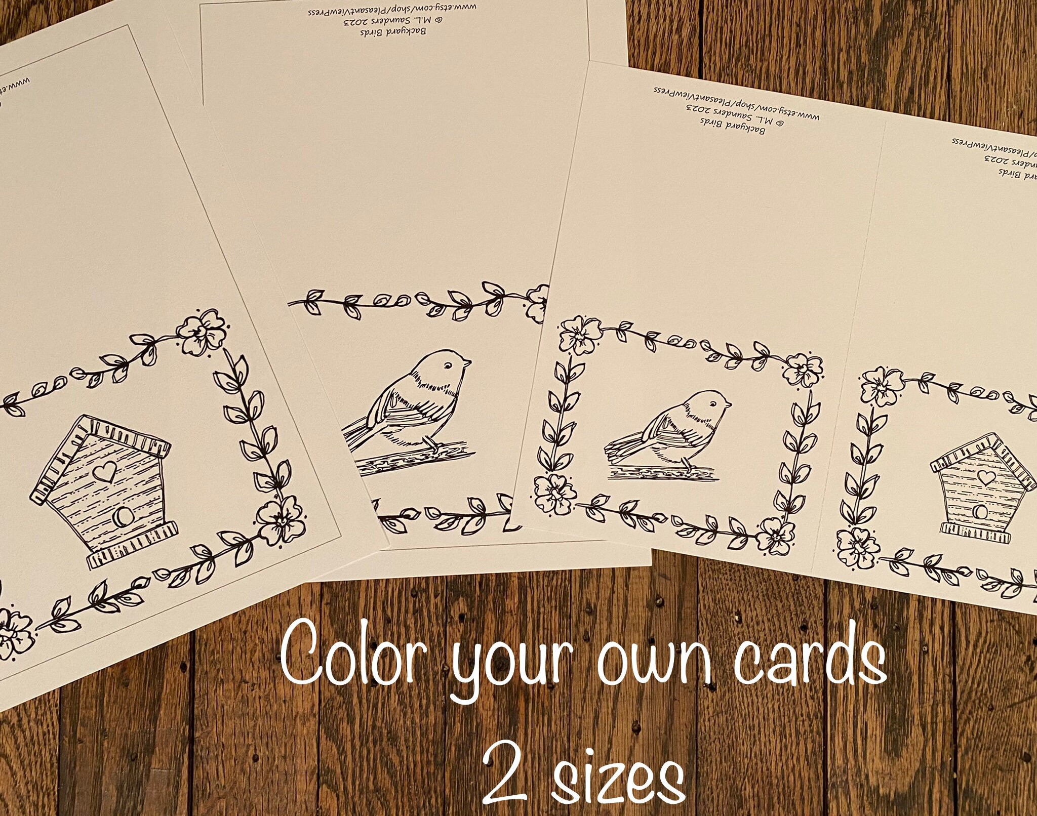 Coloring Cards in 2 Sizes, Birds and Flowers, Color Your Own Cards ...