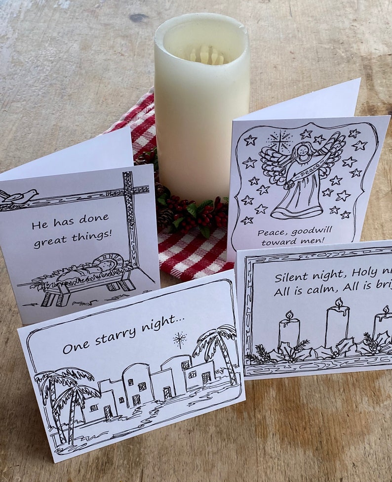 Christian Christmas Coloring Cards: Nativity, Angel, Bethlehem, Candles ...