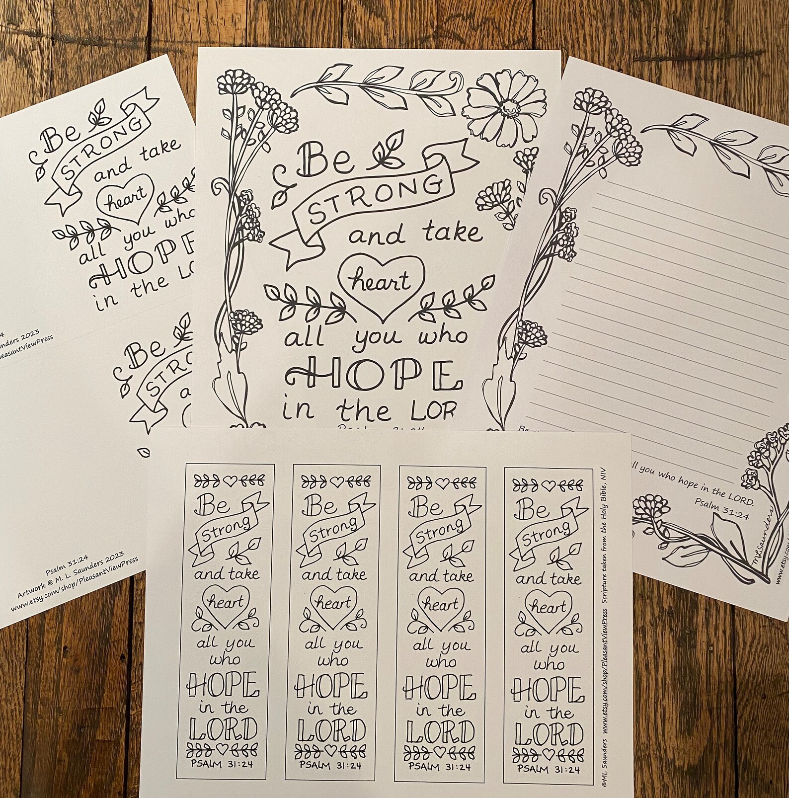 Psalms 31:24 Bible Verse Cards to Color, Bookmarks and Coloring Page ...