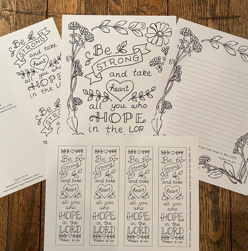 Psalms 31:24 Bible Verse Greeting Cards to Color, Bookmarks, Coloring ...