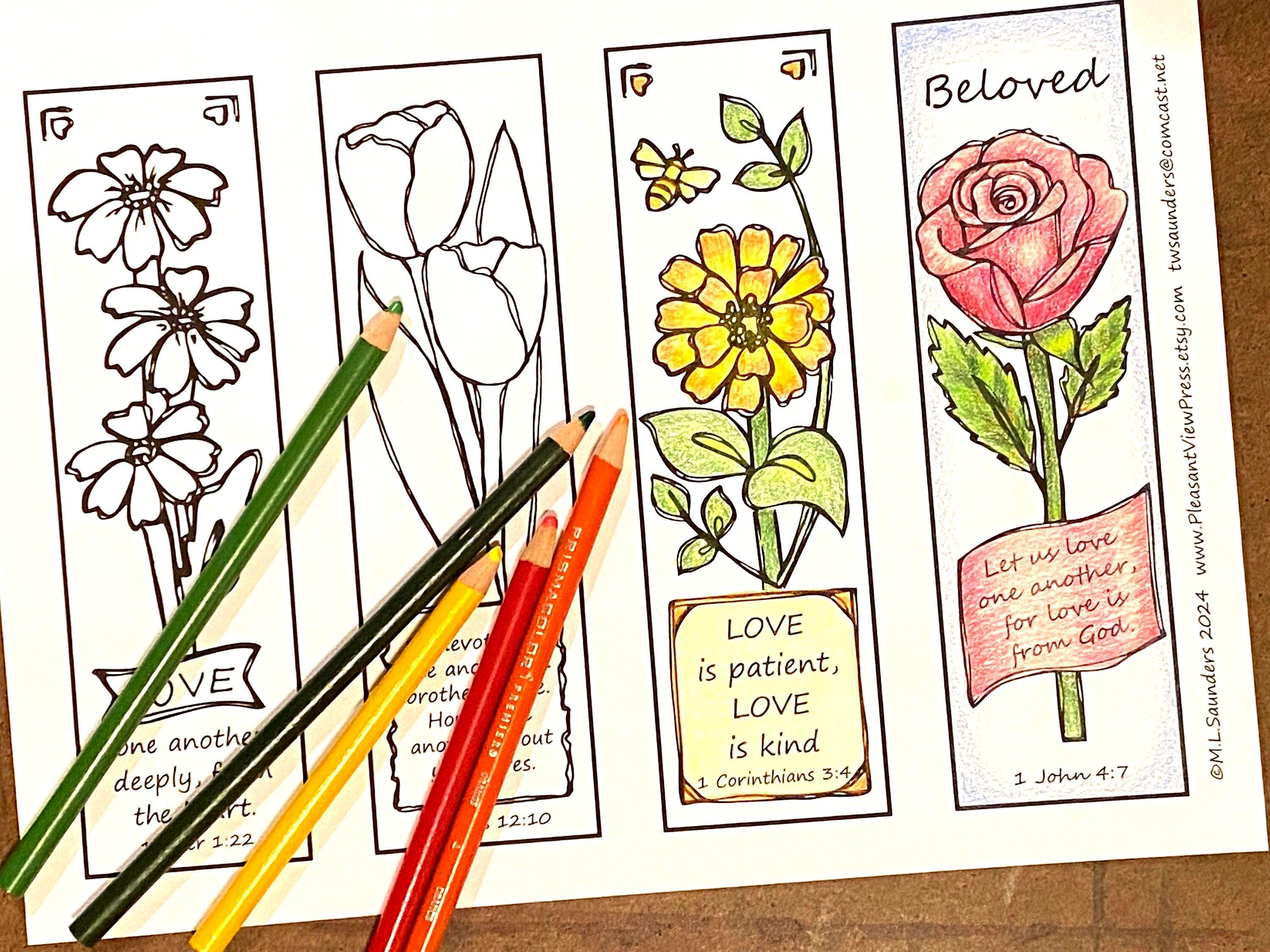 Love Scripture Bookmarks to Color, 2x7 Inches, Flowers, Christian Bible ...