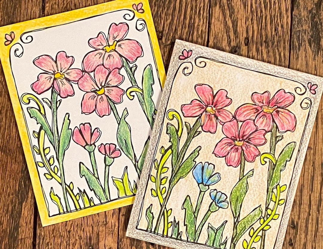 Flower Garden Greeting Cards to Color and Coloring Page, Digital ...