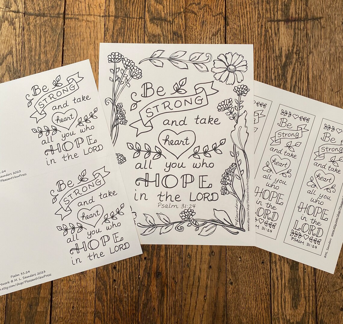 Psalms 31:24 Bible Verse Cards to Color, Bookmarks and Coloring Page ...