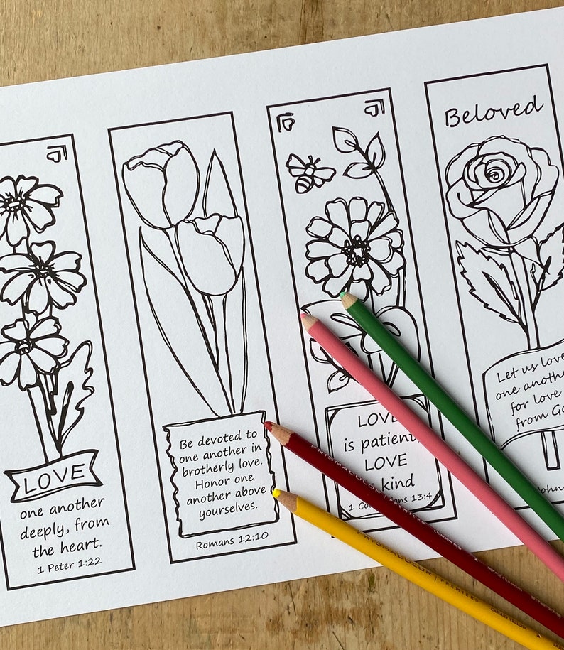 Love Scripture Bookmarks to Color, 2x7 Inches, Flowers, Christian Bible ...