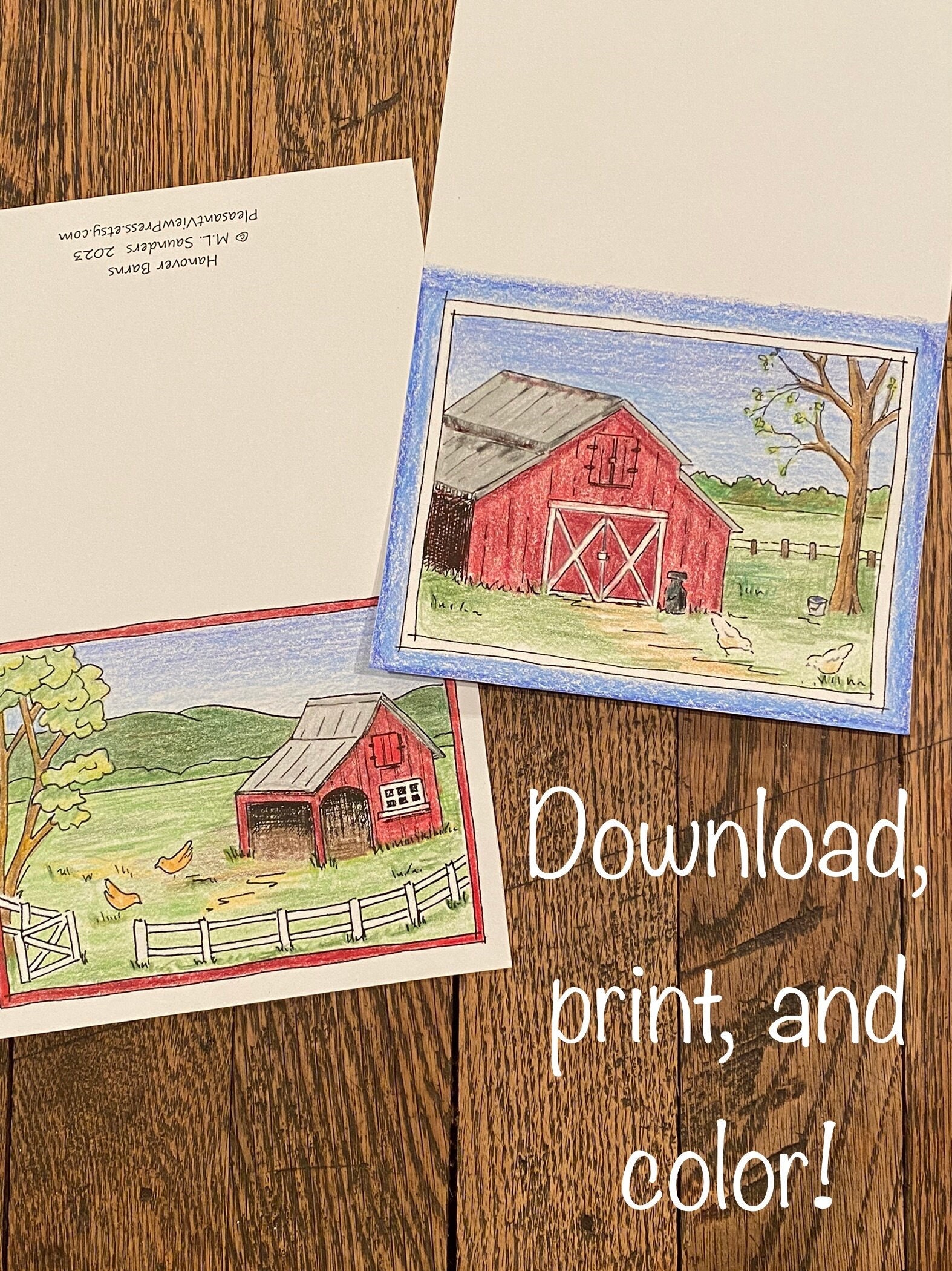 Barns and Chickens, Cards With Country Scenes to Color , Digital ...