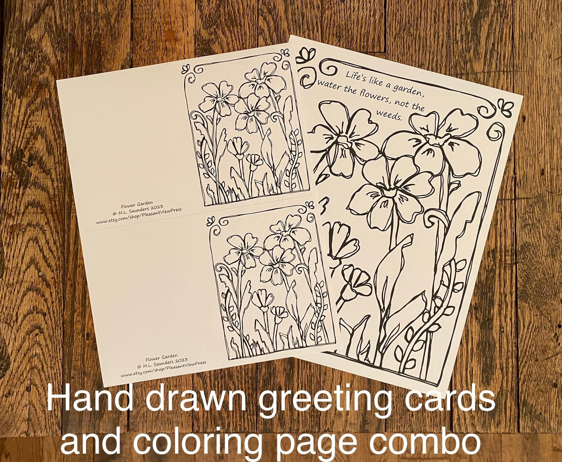 Flower Garden Greeting Cards to Color and Coloring Page, Digital ...