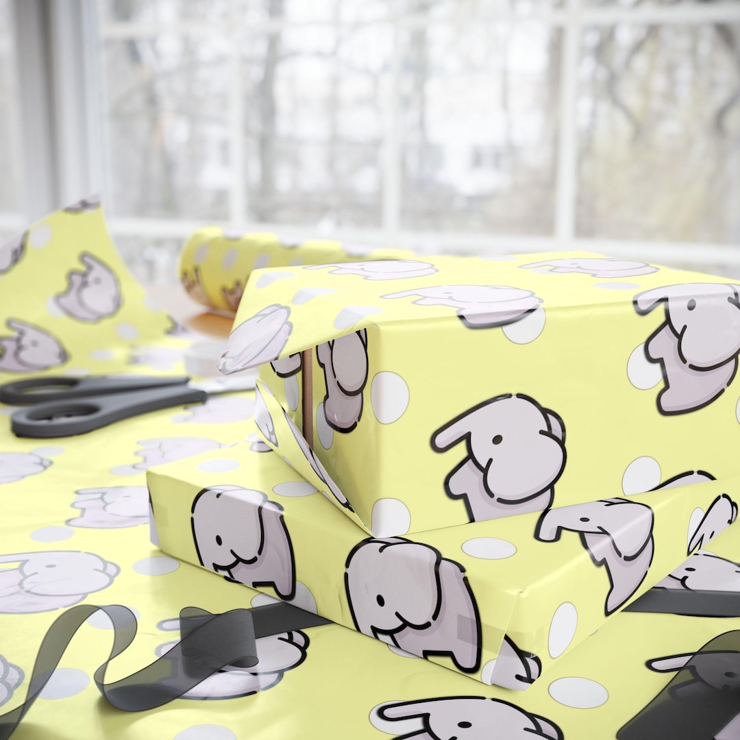 Cute Elephant Gift Wrapping Paper, Yellow & White Polka Dots, Birthday ...