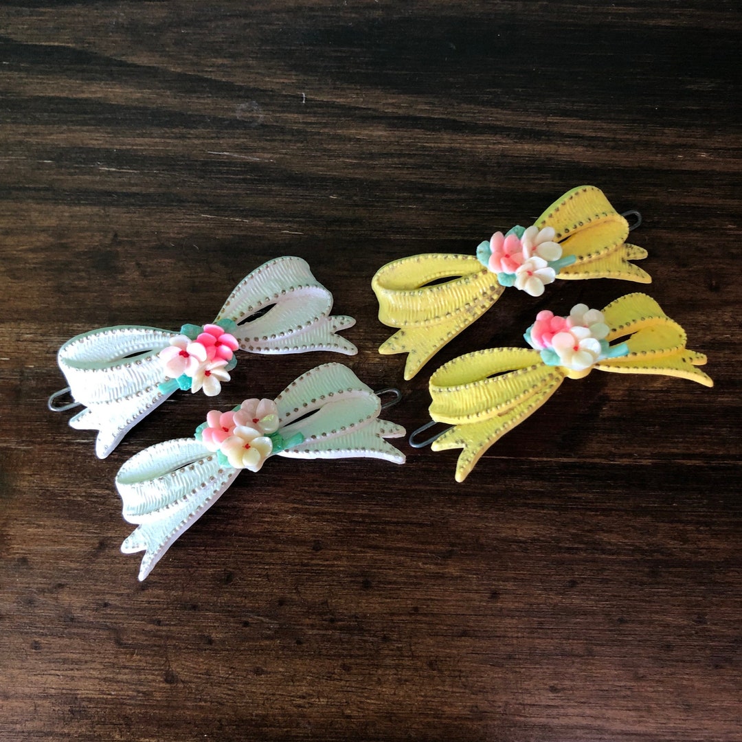 Vintage Ribbon Hair Barrettes 60's 70's Pastel Yellow White Matching ...