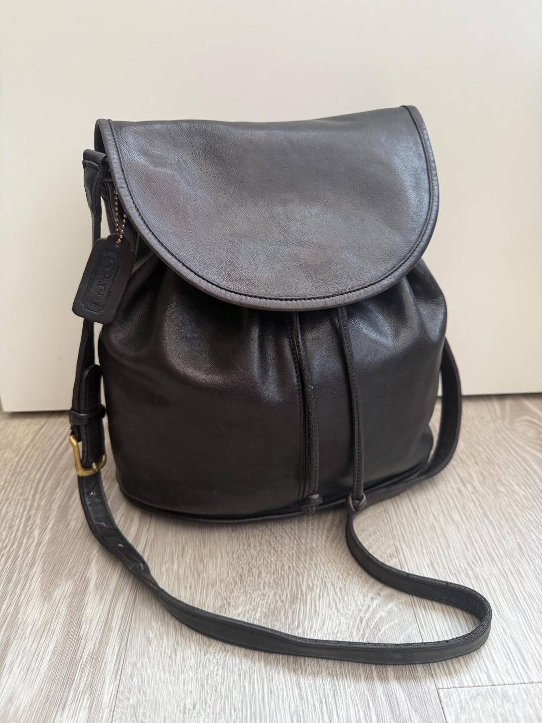 COACH Vintage Shoulder Pouch Bag, With Drawstring & Soft Flap, in Black ...