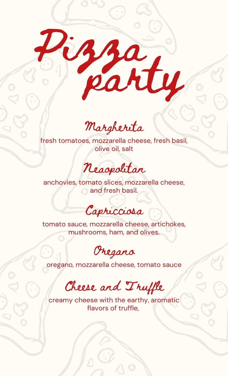 Pizza Party Menu Printable | Customizable Pizza Night Menu | Italian ...