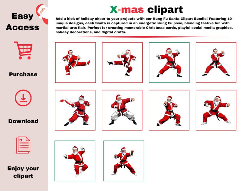 Kung Fu Santa Clipart Bundle 10 Unique Santa Designs 300 DPI PNG & SVG ...