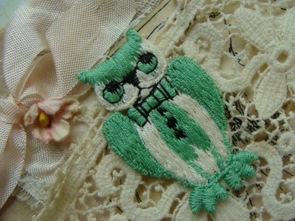 Adorable Aqua Vintage Kitsch Embroidery Applique Shabby Chic Owl - Etsy