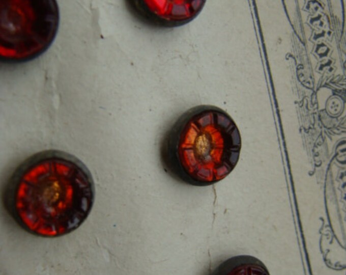 One Antique Rare Tattered Button Card Dozen Gorgeous Ruby Colored Czech ...