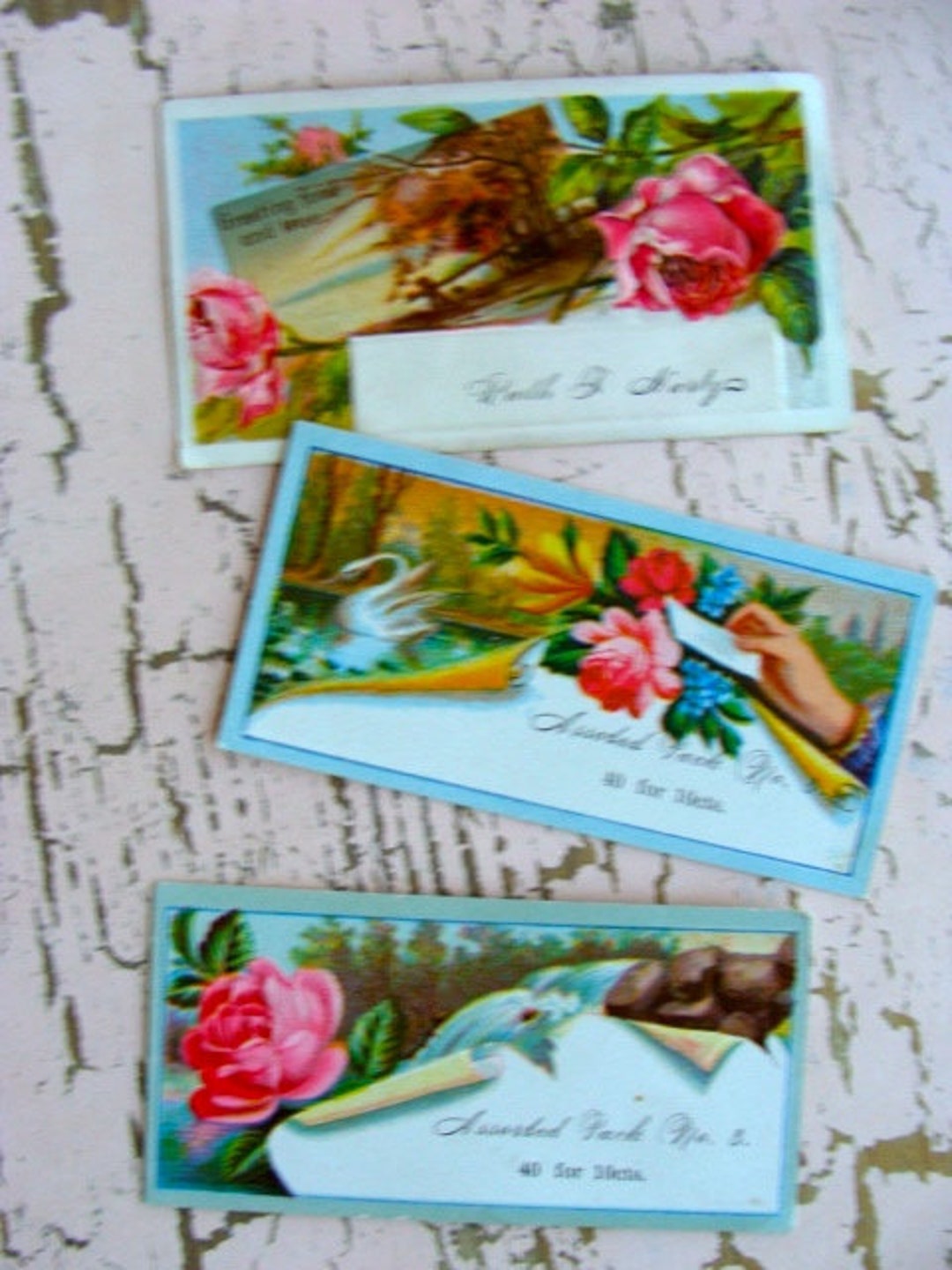 Antique Victorian Calling Cards 1920 Gorgeous Die Cut Roses Birds Hands ...