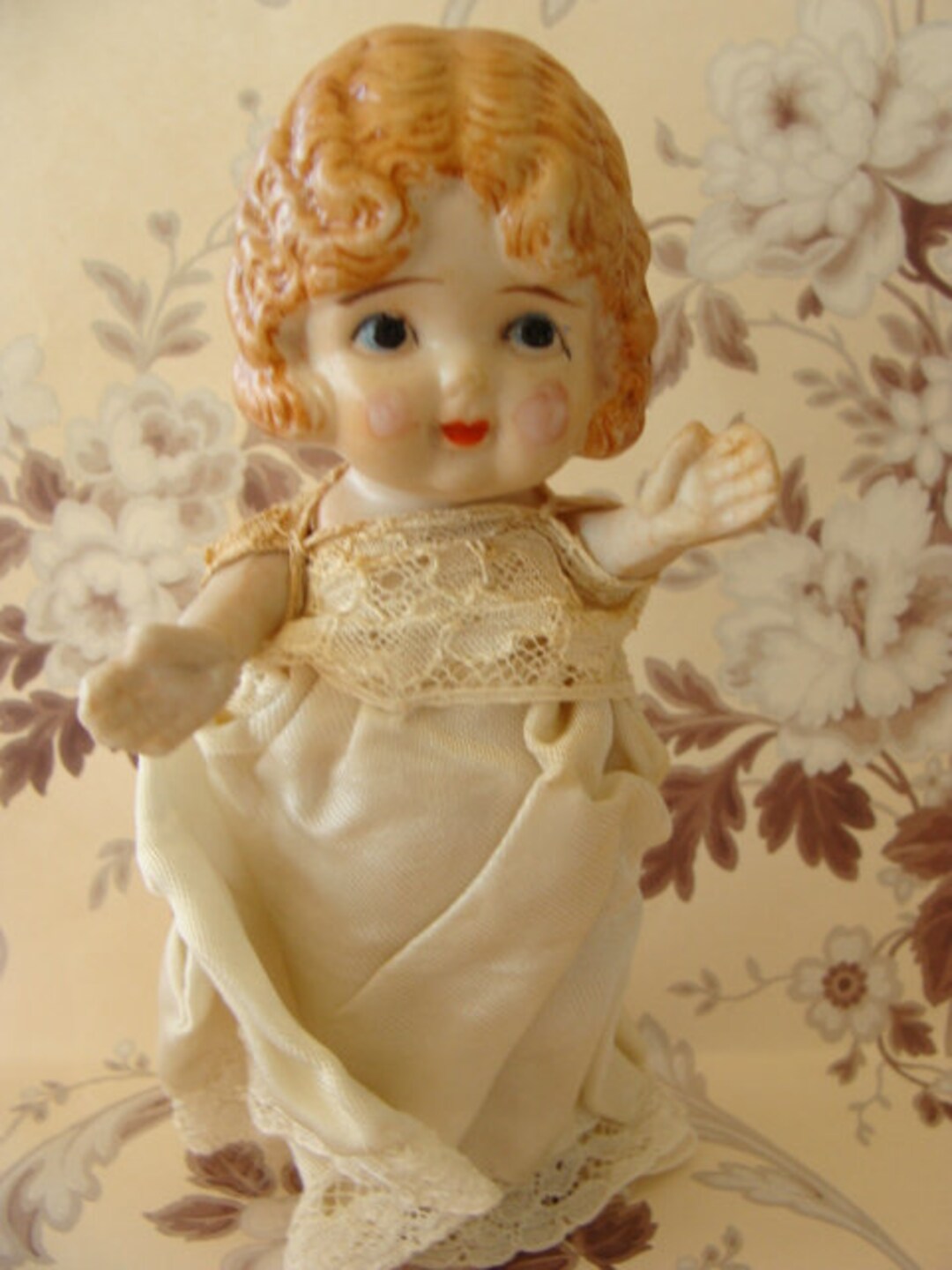 Sweet Vintage Jointed Bisque Doll in Pretty Silk and Lace Dress - Etsy