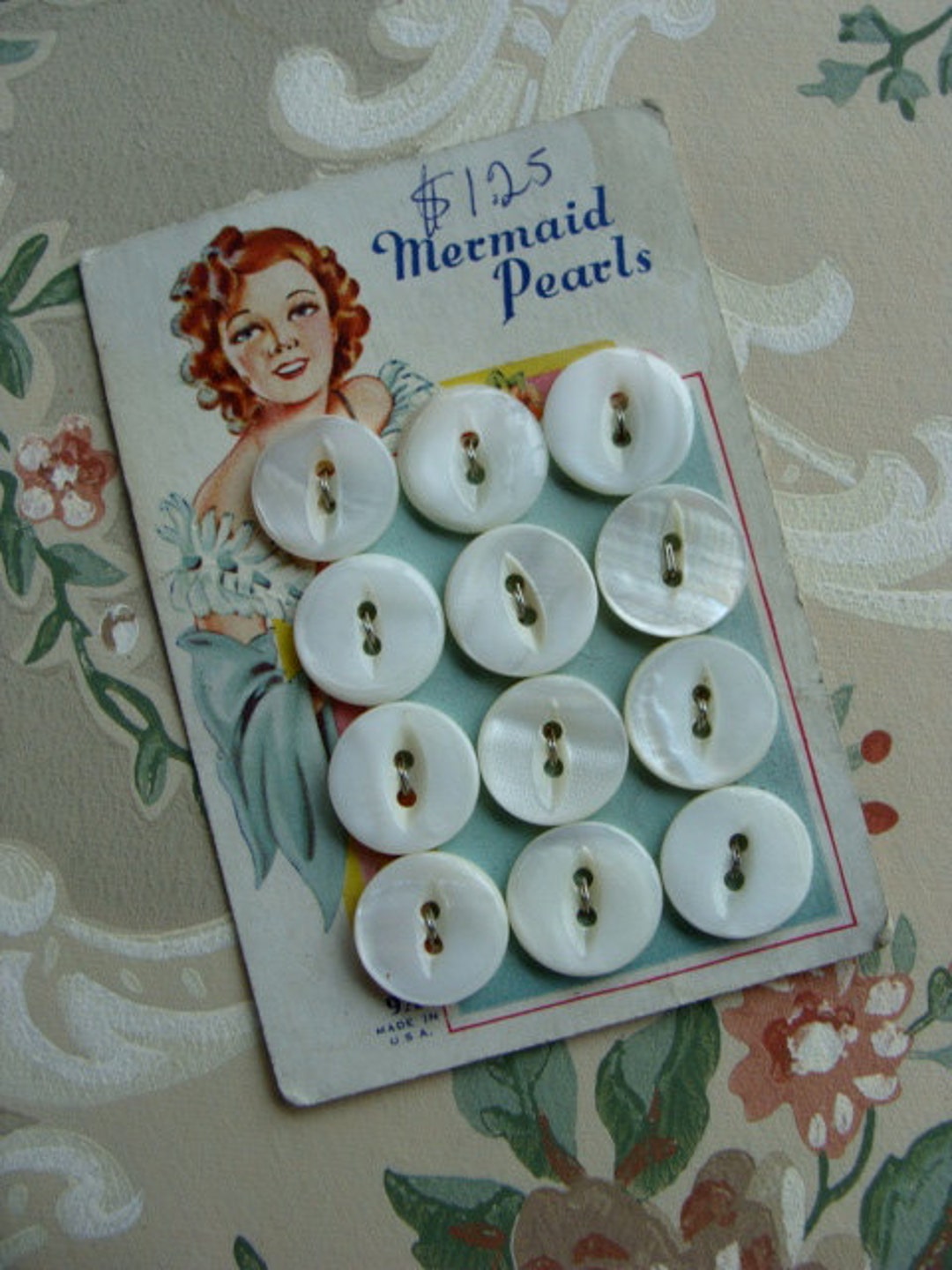One Antique Button Card With Glass Pearls - Etsy